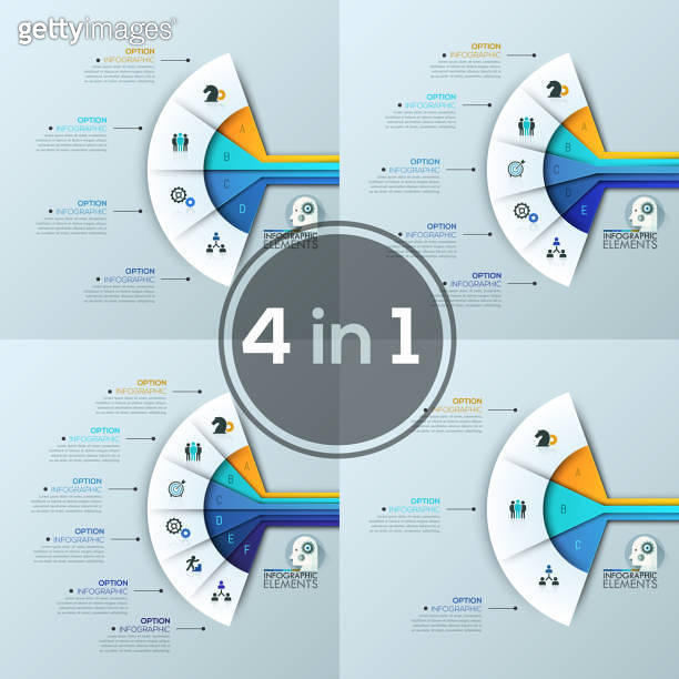 Collection of 4 fan charts with sectoral lettered elements, thin line ...