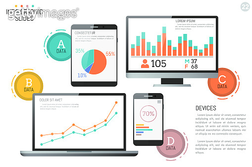 Infographic design template. Diagrams, graphs and bar charts on screens ...