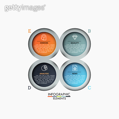 Four multicolored circular elements with icons and text boxes inside, 4 ...