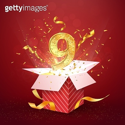 9 th year number anniversary and open gift box with explosions confetti ...