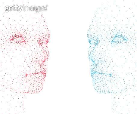 Abstract human faces made of particles. Blue and red face. Vector ...