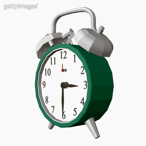 Polygonal desk clock with alarm clock. Green retro clock. Perspective ...