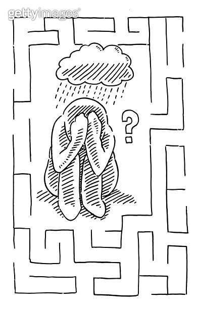 Crouched Down Human Figure Depression Concept Drawing 이미지 (1161545351 ...