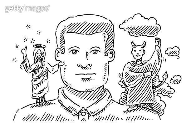 Psychology Concept Man With Angel And Devil On Shoulders Drawing 이미지 ...