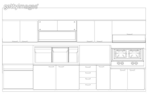 Kitchen contour with cabinets, shelves and tiles. Front view. Vector ...