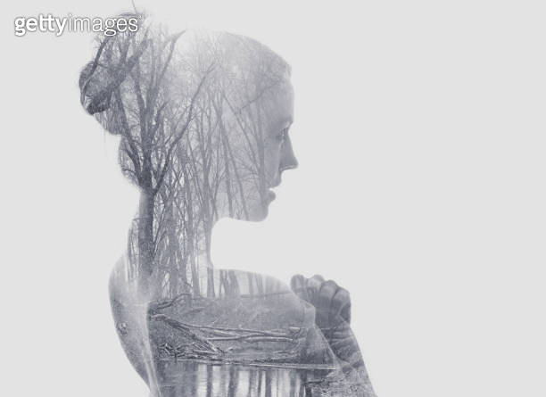 Multiple exposure of a young woman, forest and river. 이미지 (1166291380 ...