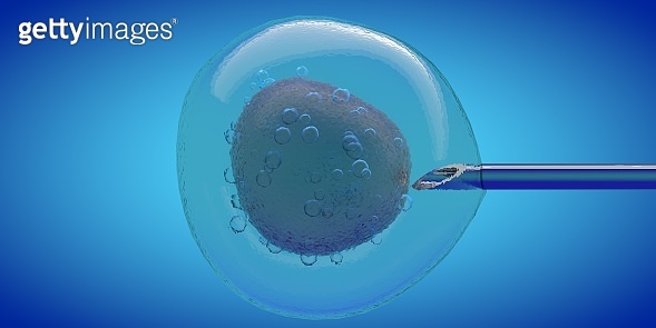 IVF cell and needle injecting, 3D CGI render with blue color ...