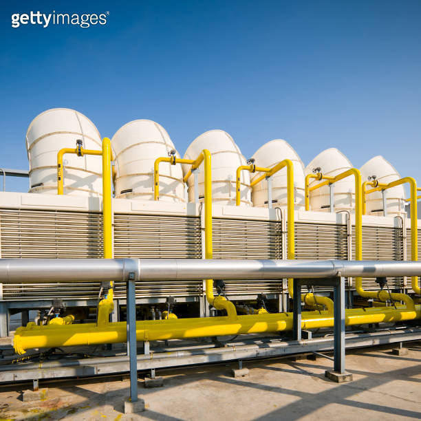 Rooftop cooling tower unit with chiller units and compressors in large ...