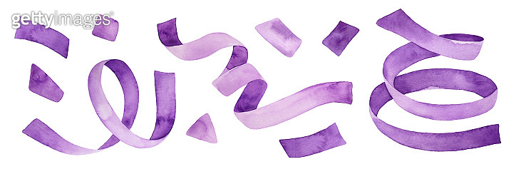 Purple colored party streamer and flying confetti pieces collection ...