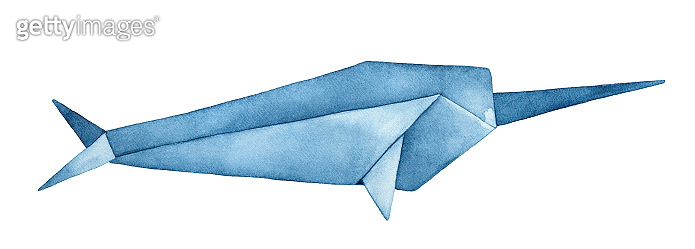 Folded Origami Narwhal watercolor illustration. Rare sea creature with ...