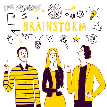 Brainstorm doodle illustration with cartoon people thinking together ...