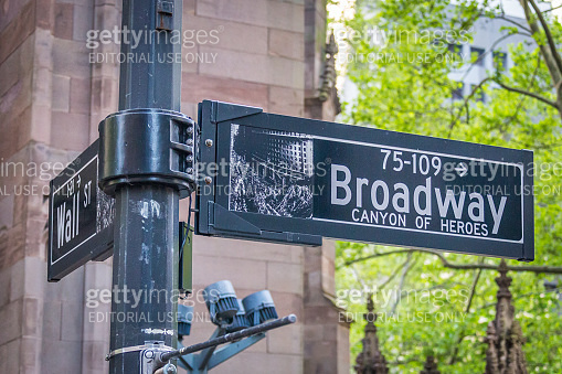 Broadway street sign in New York City. Broadway is known for its ...