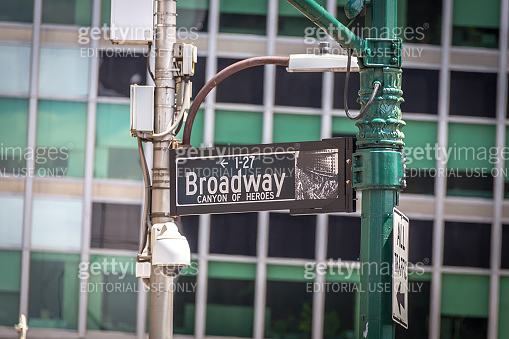 Broadway street sign in New York City. Broadway is known for its ...