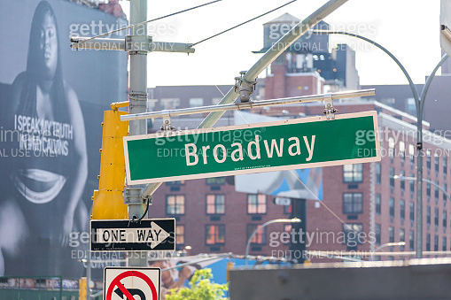 Broadway street sign in New York City. Broadway is known for its ...