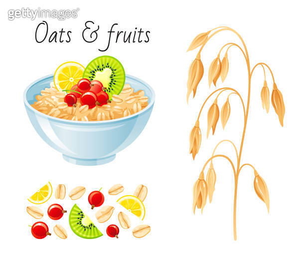Oat meal fruit berry set. Bowl, oatmeal ear, flake, kiwi, currant ...