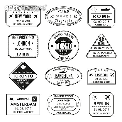 Passport stamp set. Different countries airport visa stamp. Custom ...