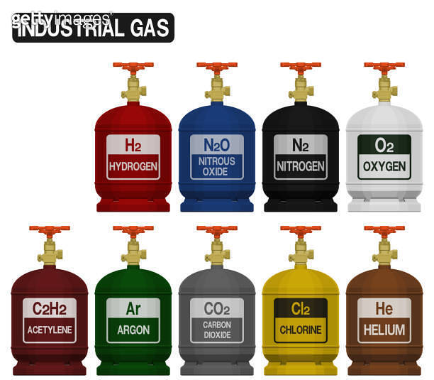 Set of isolated industrial gas cylinder on transparent background.Color ...