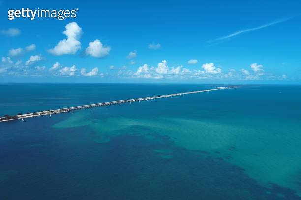Aerial view of famous 7 mile bridge and islands in the way to Key West ...