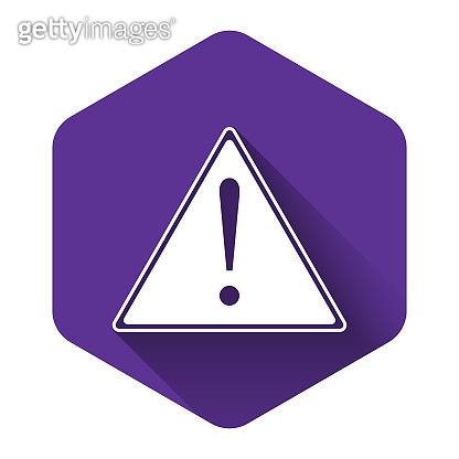 White Exclamation mark in triangle icon isolated with long shadow ...