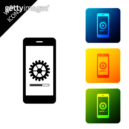 Smartphone update process with gearbox progress and loading bar. System software update and ...