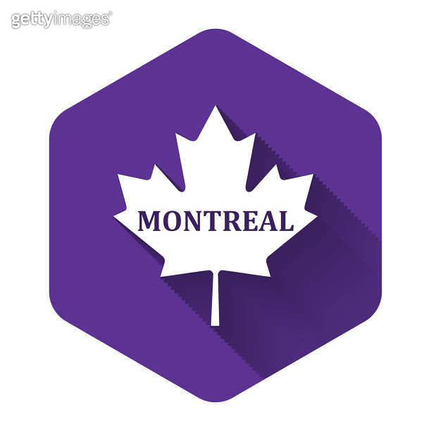 White Canadian maple leaf with city name Montreal icon isolated with ...