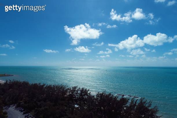 Aerial view of famous 7 mile bridge and islands in the way to Key West ...