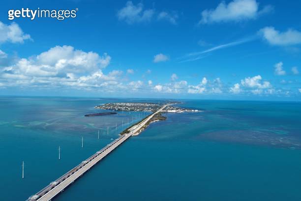Aerial view of famous 7 mile bridge and islands in the way to Key West ...