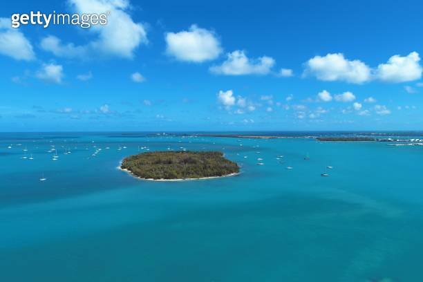 Aerial view of famous 7 mile bridge and islands in the way to Key West ...