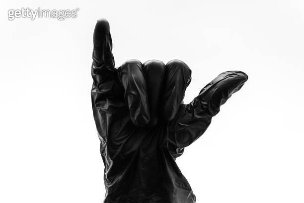 Female hand in black glove show gestures, signs and symbols isolated on ...