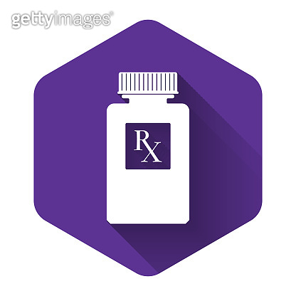 White Pill bottle with Rx sign and pills icon isolated with long shadow ...