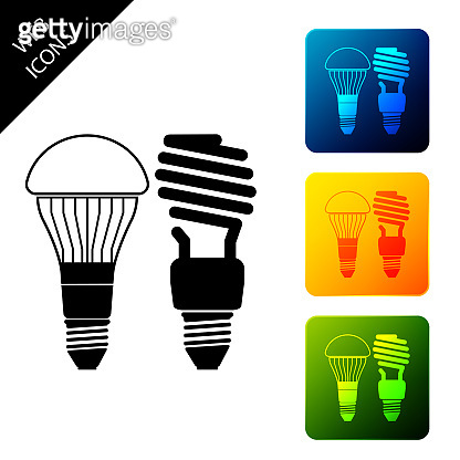 Economical LED illuminated lightbulb and fluorescent light bulb icon ...