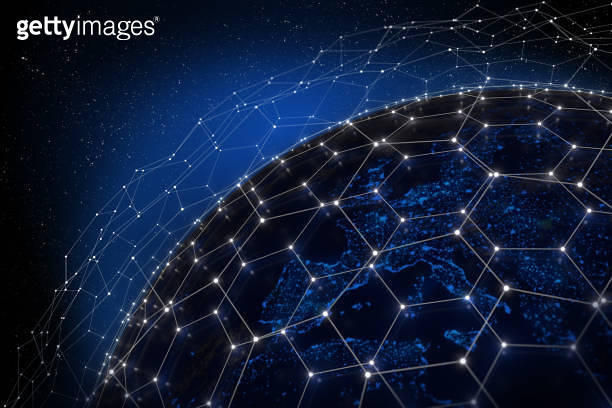 3D rendering: Europe from space with a communications grid overlay ...