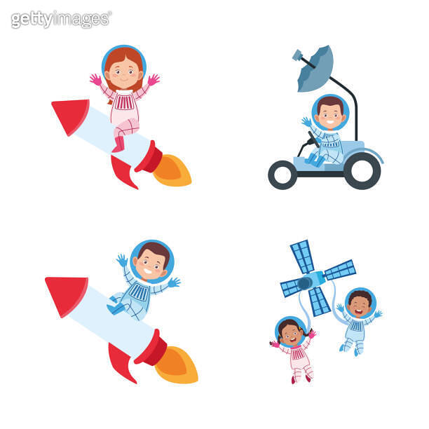 icon set of cartoon astronauts on space vehicles 이미지 (1184636302) - 게티이미지뱅크