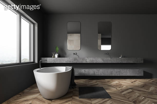 Side view of gray bathroom, tub and sink 이미지 (1127387503) - 게티이미지뱅크