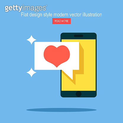 Hand holding smartphone with heart emoji message on screen, like button ...