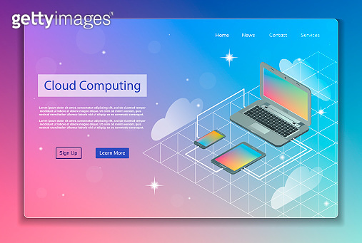 Isometric cloud service landing page. Cloud computing vector illustration for web page design ...