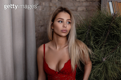 Elegant Stylish Attractive Young Woman With A Beautiful Breasts In A Luxurious Red Lace Bra