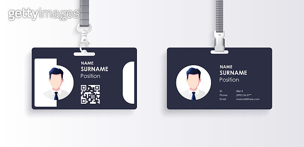 Horizontal id card template with clasp and lanyard. Blue and white ...