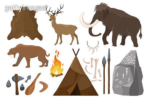 Vector illustration of big set of elements of stone age attributes ...