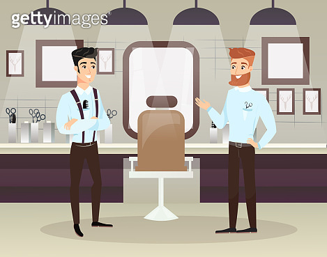 Vector illustration of two bearded barbers doing male clients haircut ...
