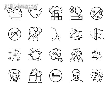 set of air pollution icons, such as dust, carbon, toxic, air filter ...