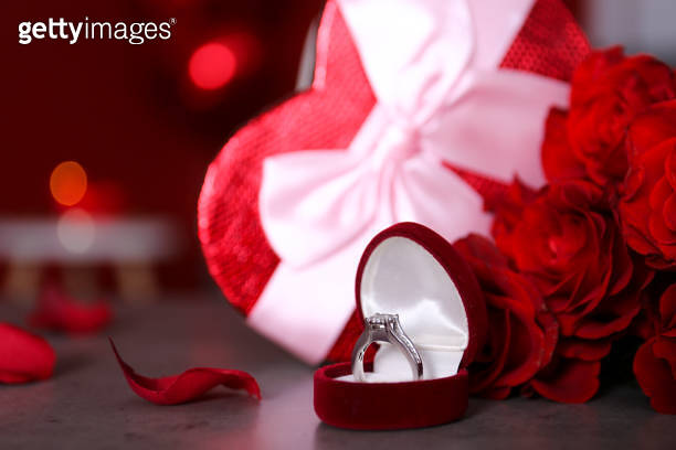 St. Valentines day composition with the bouquet of roses and other ...