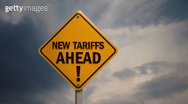 Yellow Off Road Traffic Sign With New Tariffs Text on Cloudy Sky ...