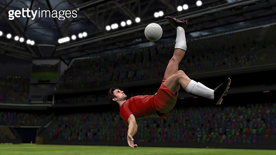Football player is making a overhead bicycle kick to score a goal 3d ...