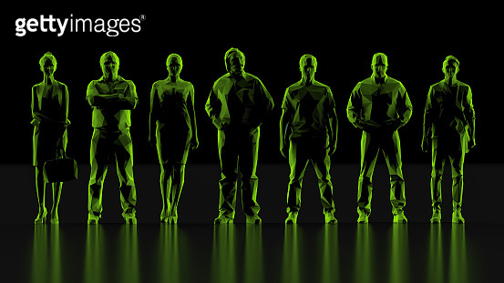Front view of seven people standing and posing casual group 3d render ...