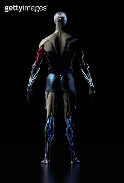 Male form of futuristic humanoid robot standing alone backside view 3d ...