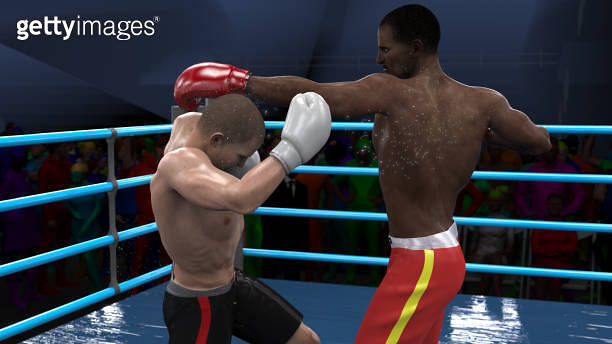 Two boxing fighter in the ring under spotlights and boxing fans 3d ...