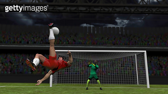 Overhead bicycle kick from football player in front of the goal 3d ...
