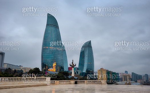 Baku Flame Towers and Old Town, Azerbaijan, taken in January 2019 taken ...