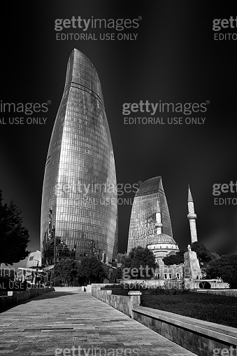 Baku Flame Towers and Old Town, Azerbaijan, taken in January 2019 taken ...